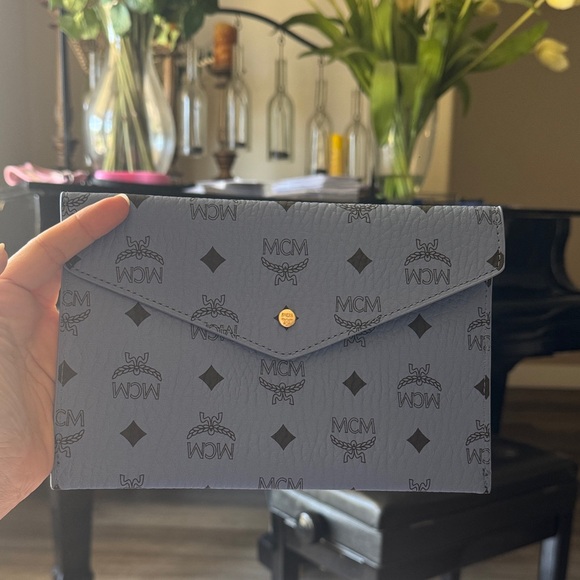 MCM | Accessories | Mcm Slate Blue Monogram Envelope Clutch | Poshmark